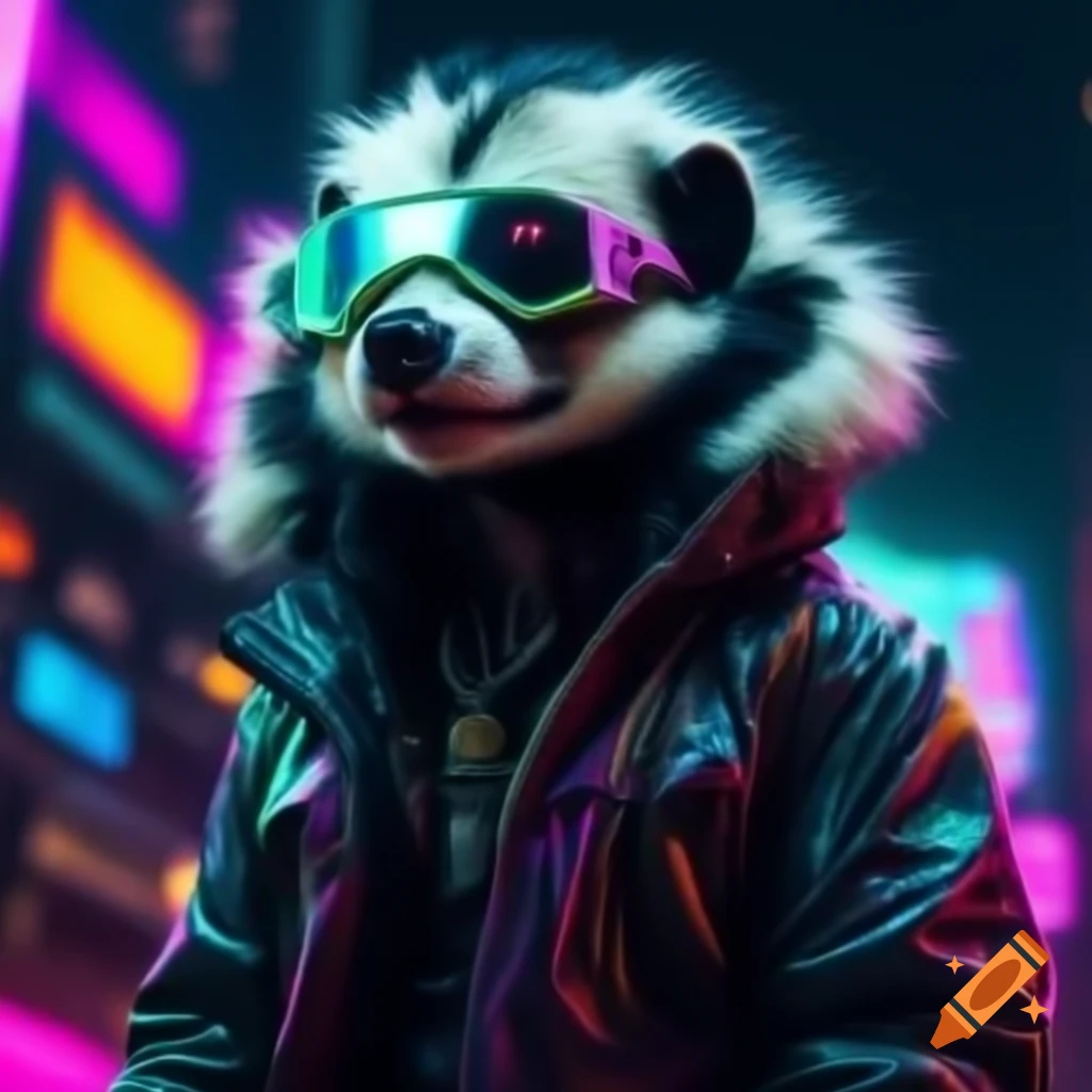 Hooded skunk in futuristic led jacket in neon dystopian setting on Craiyon