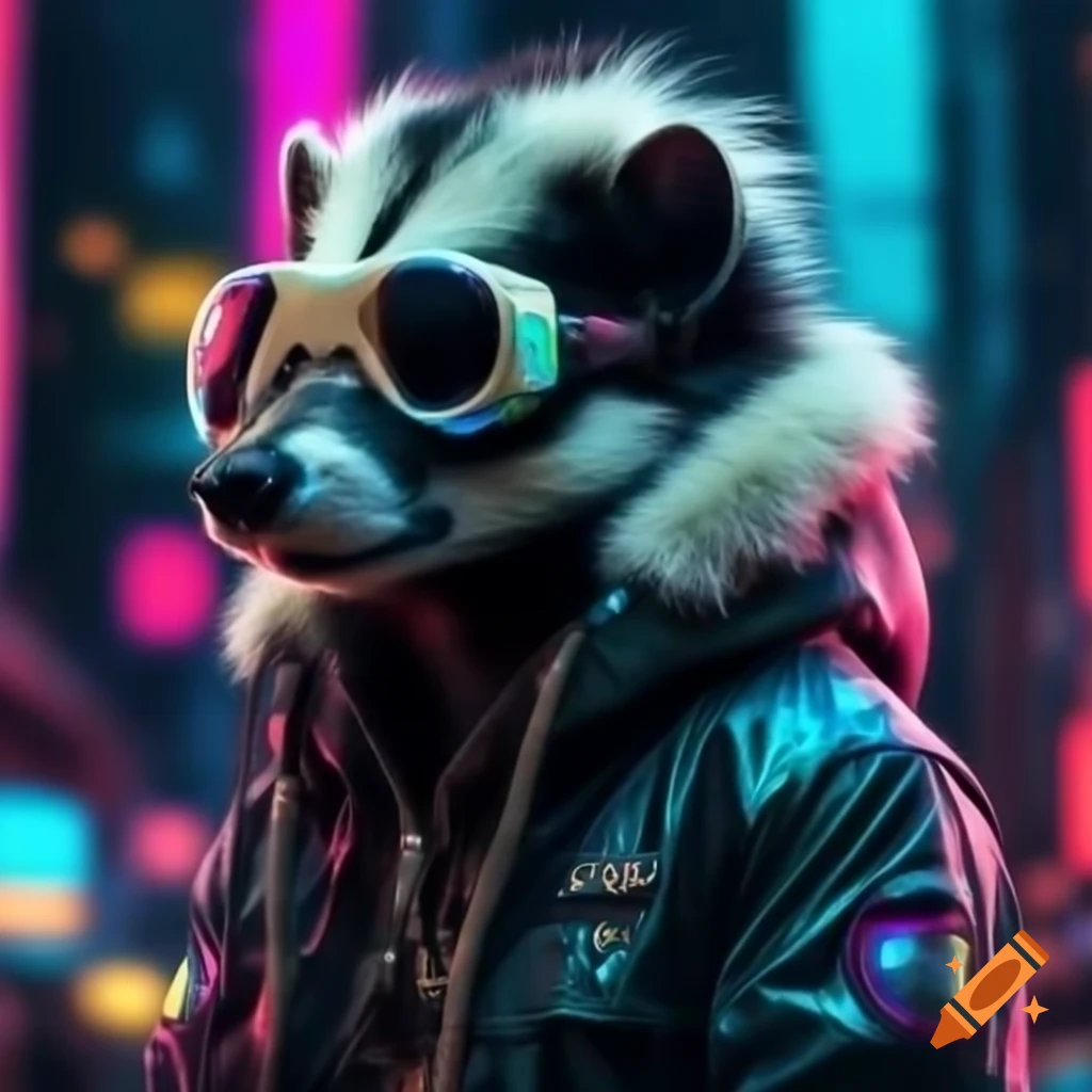 Close-up of hooded skunk in futuristic led jacket, neon dystopian ...
