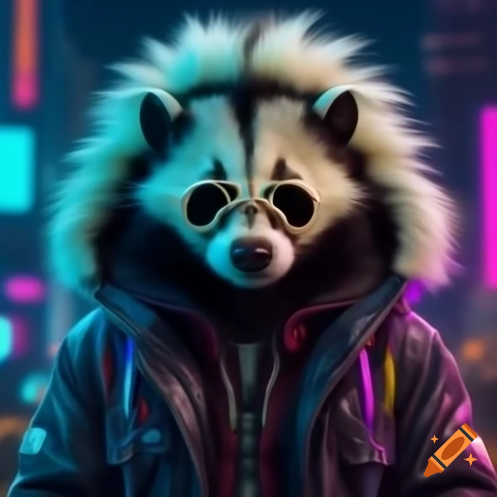 Hooded skunk in futuristic led jacket in neon dystopian setting on Craiyon