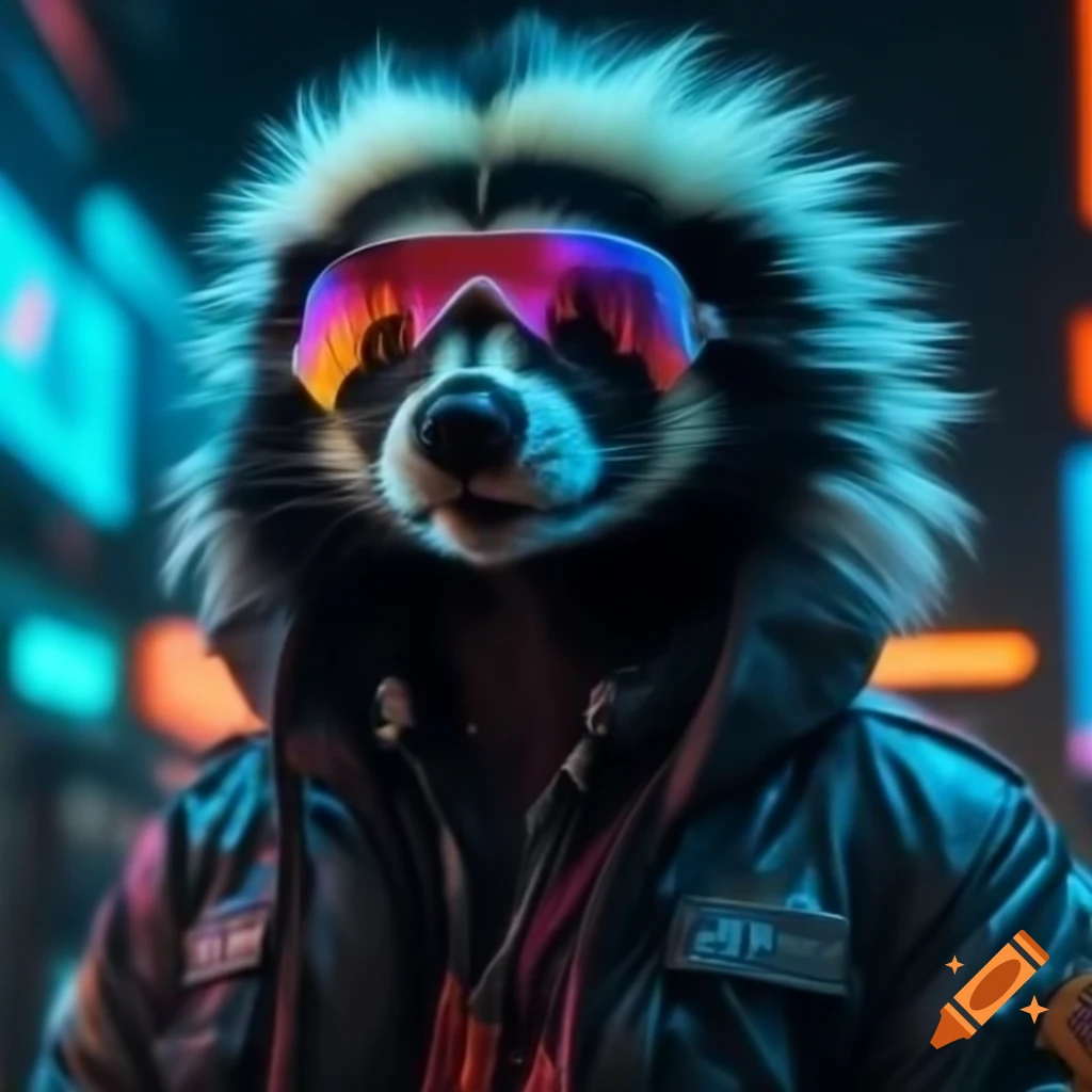 Close-up of hooded skunk in futuristic LED jacket, neon dystopian ...