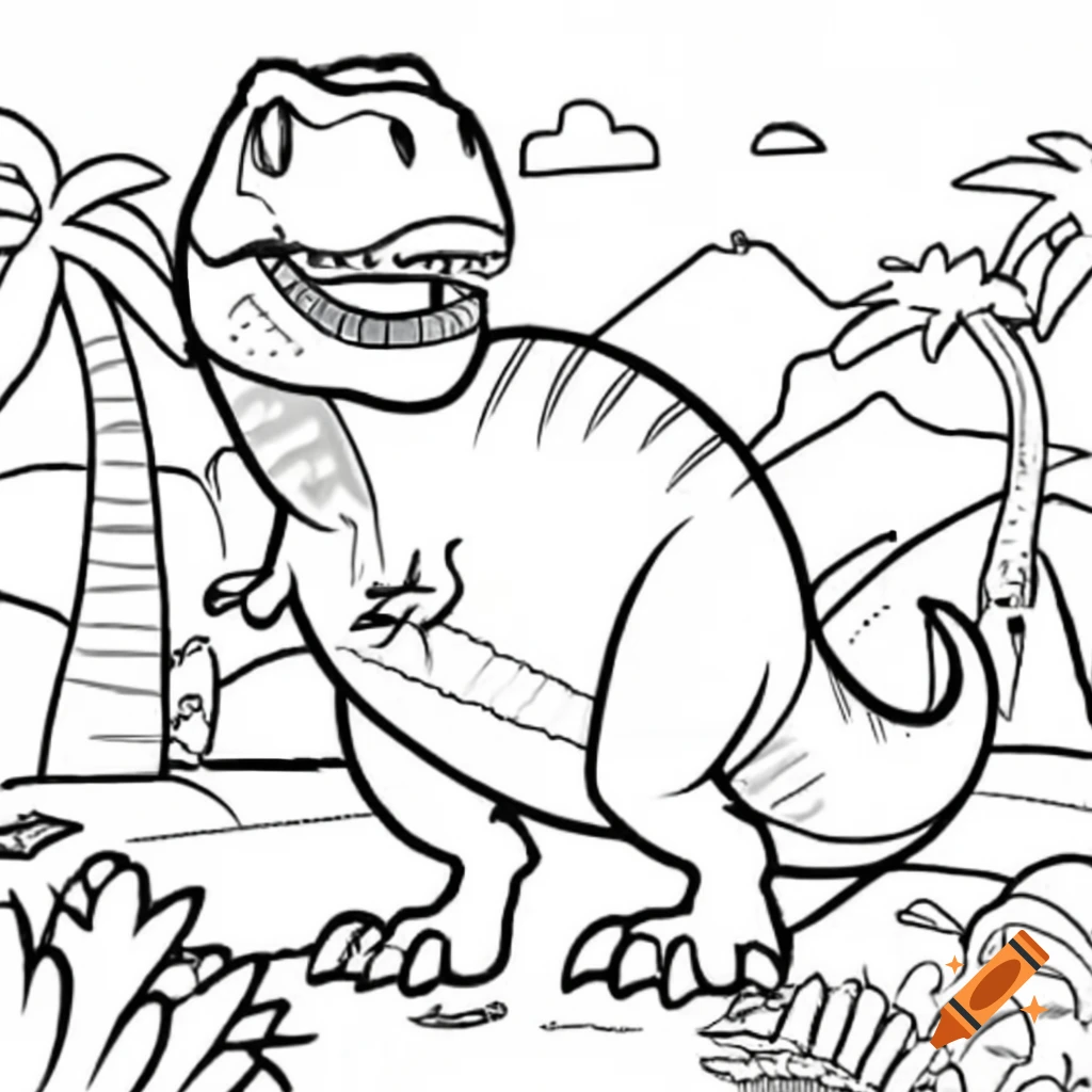 Coloring page featuring various dinosaurs including Tyrannosaurus Rex ...