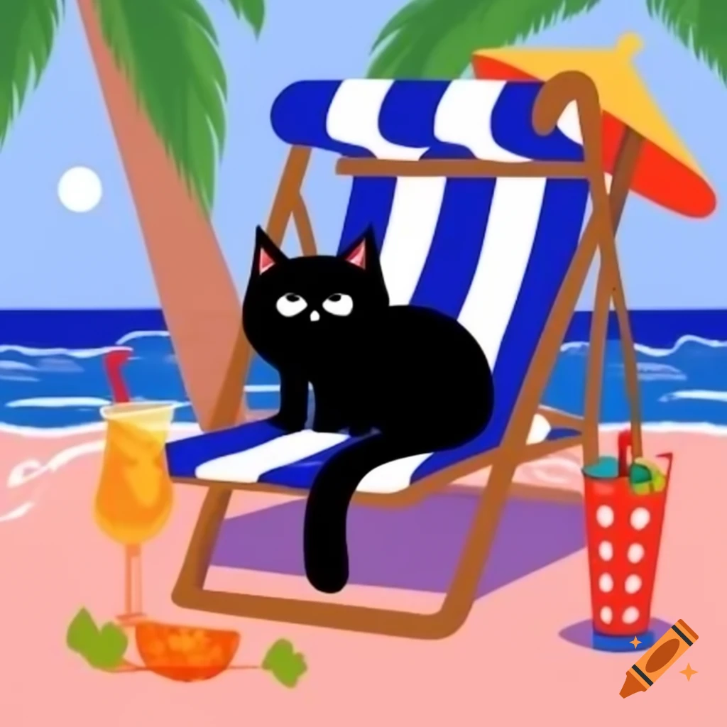 Cartoon black cat relaxing in beach chair with cocktail drink on Craiyon