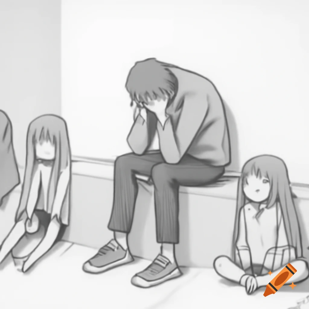 Pencil sketch of a man in distress surrounded by female faces on Craiyon