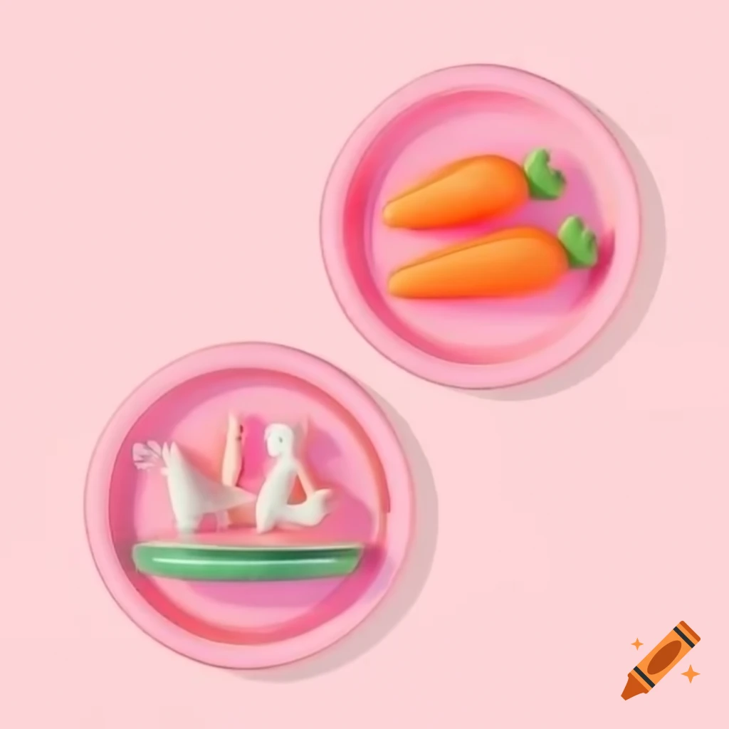 Two pink plates, one with carrots and the other glittery featuring a ...