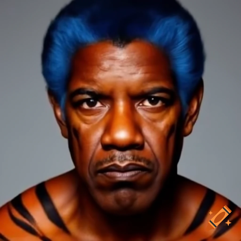 Muscular man with tiger-style makeup, blue hair and orange skin with ...