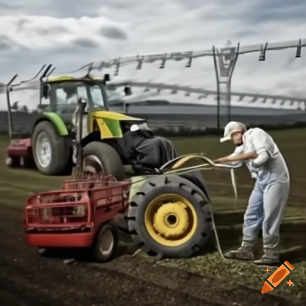 Agriculture engineers working in field with tractor, solar panels, and ...
