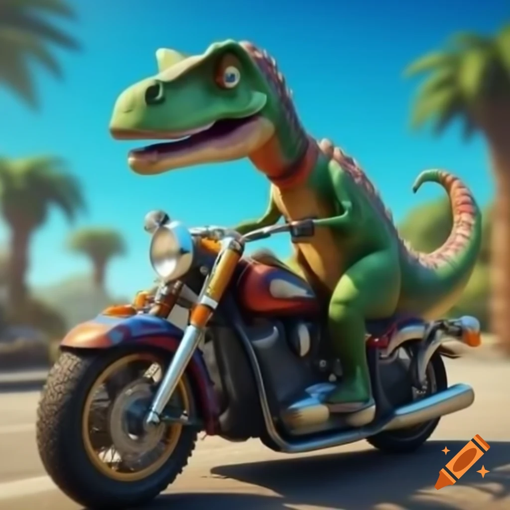 Dinosaur riding a motorcycle on Craiyon