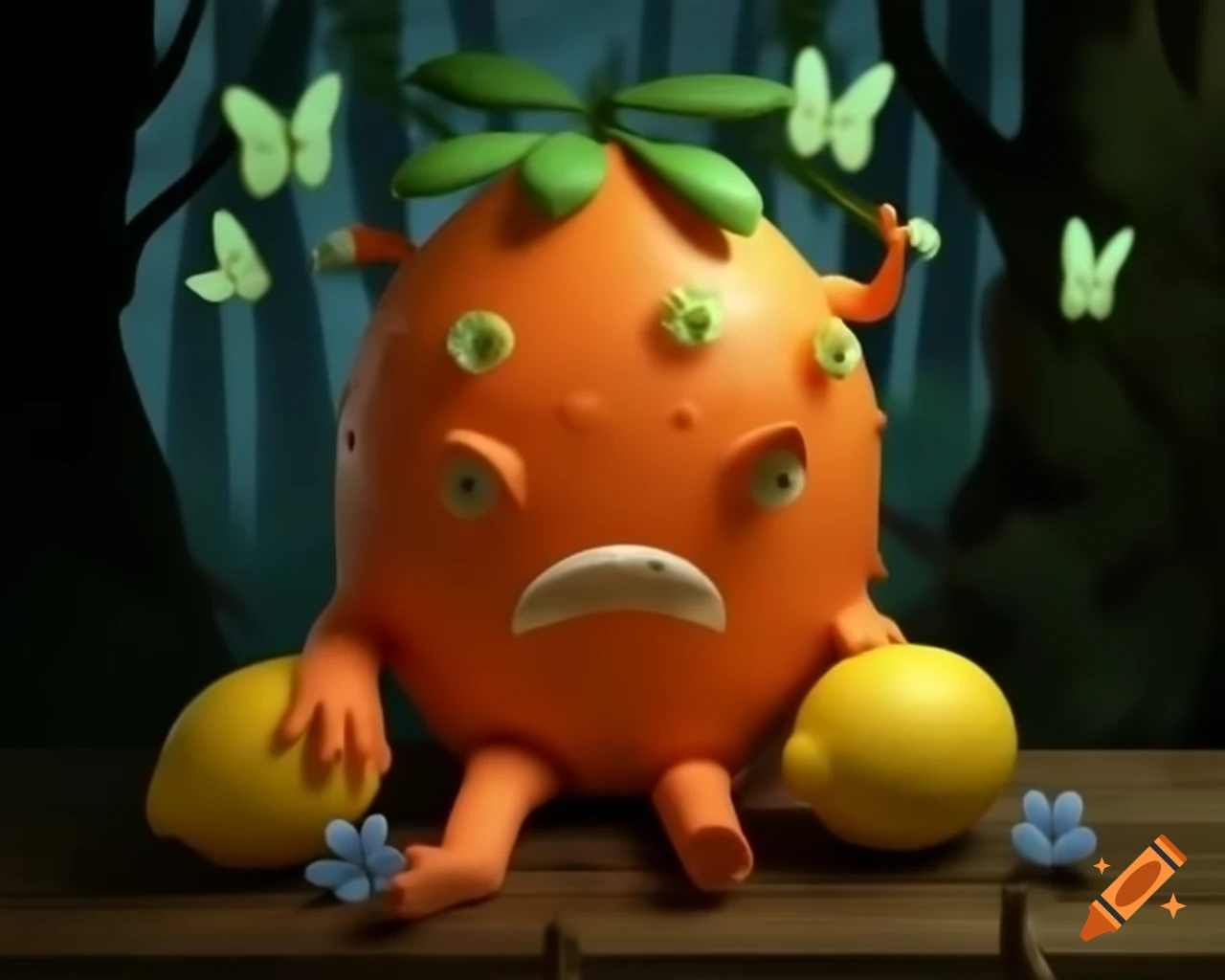 3D orange fruit tree monster with lemon face on wooden table in forest ...