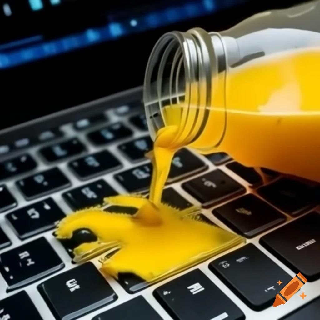 Juice spilling over a laptop keyboard on Craiyon
