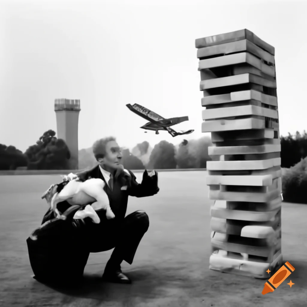 George bush holding toy plane next to jenga towers on Craiyon