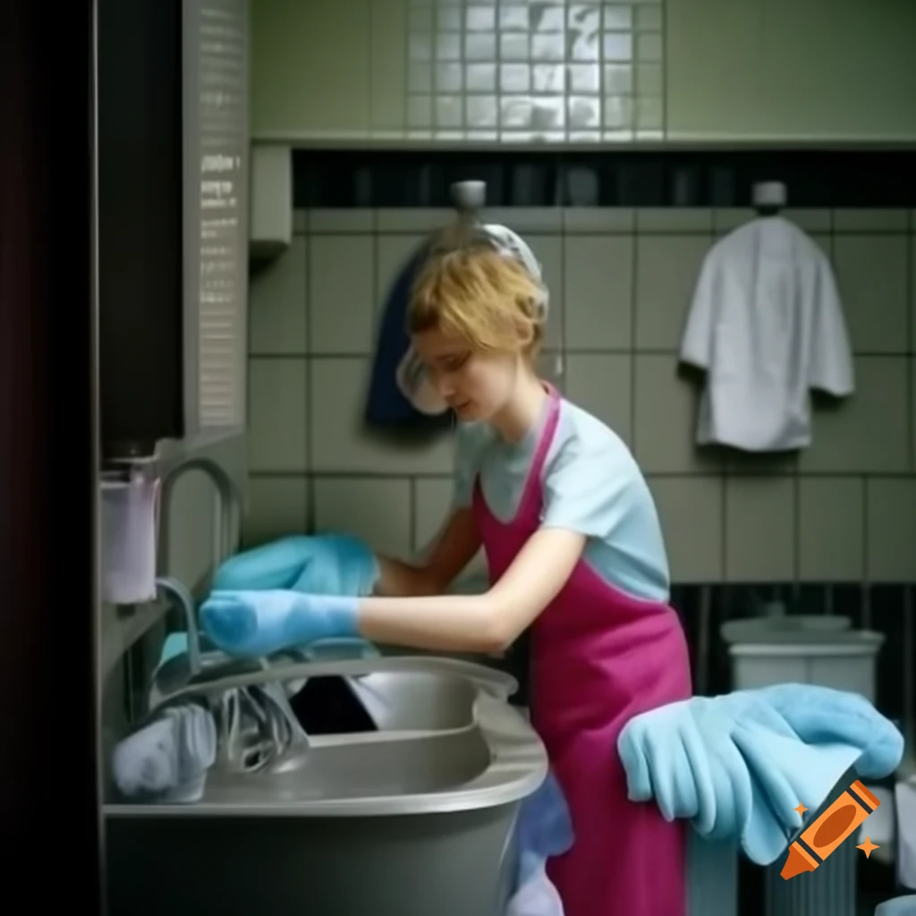 Caucasian housewife in floral apron washing clothes in sink on Craiyon