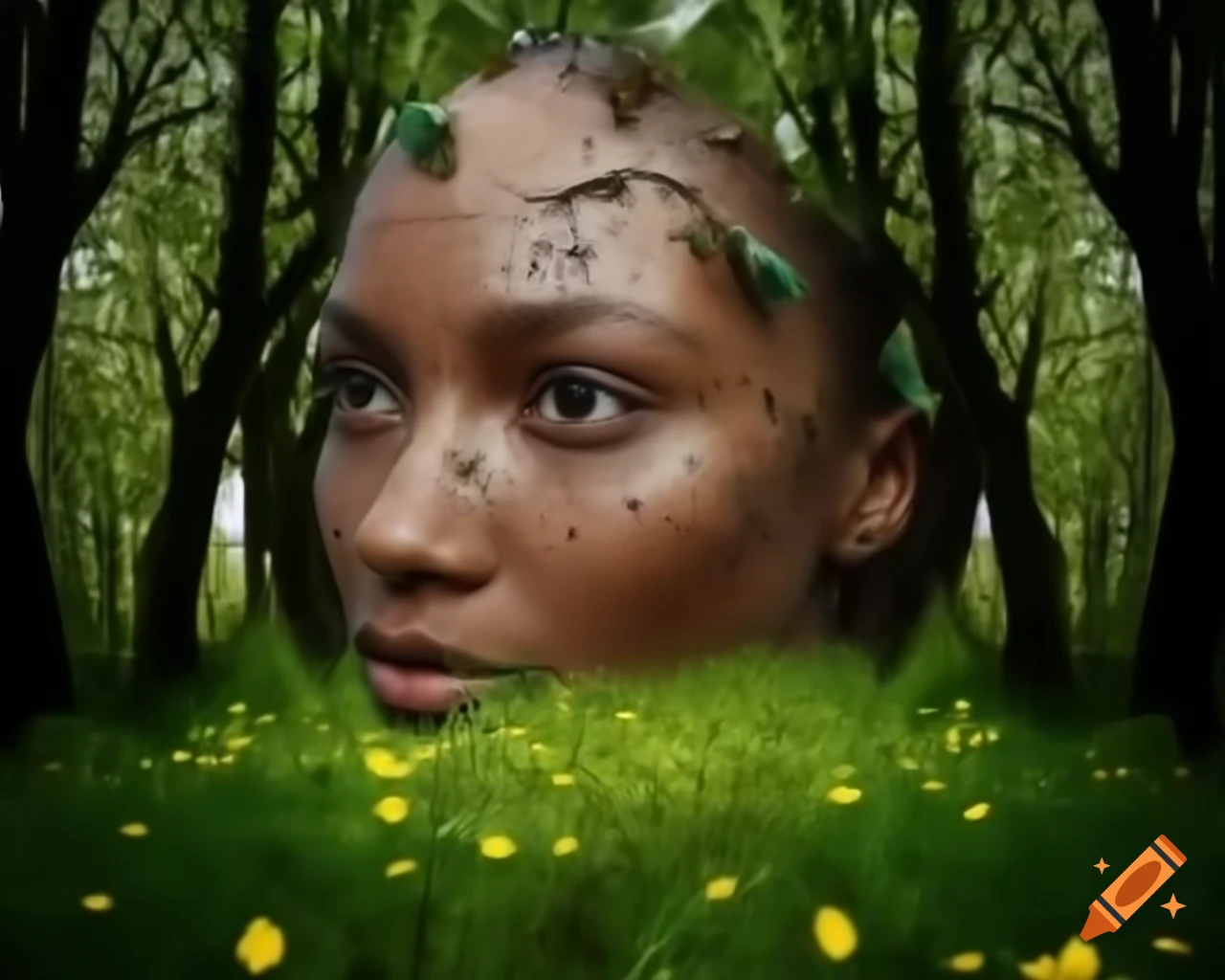 3d render of a woman's face surrounded by old growth trees in a forest ...
