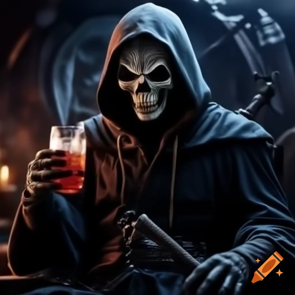 Grim reaper pouring a shot glass on Craiyon