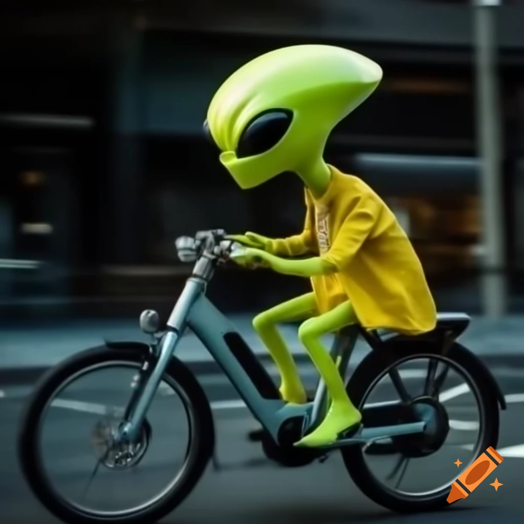 Yellow alien riding an electric bike on Craiyon