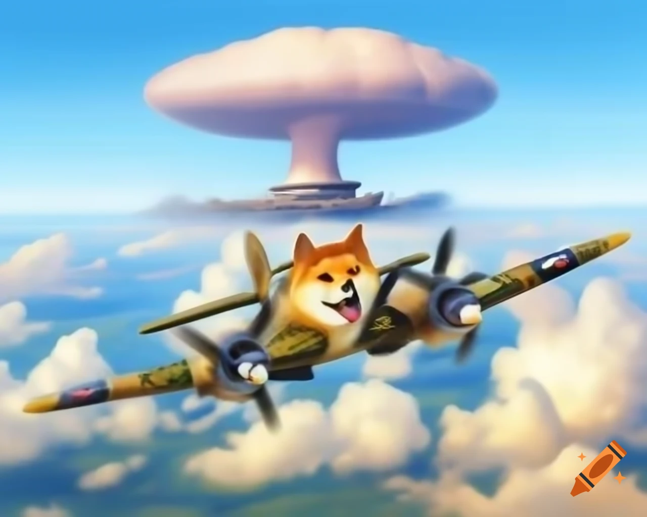 Happy doge in front of nuclear mushroom cloud on Craiyon