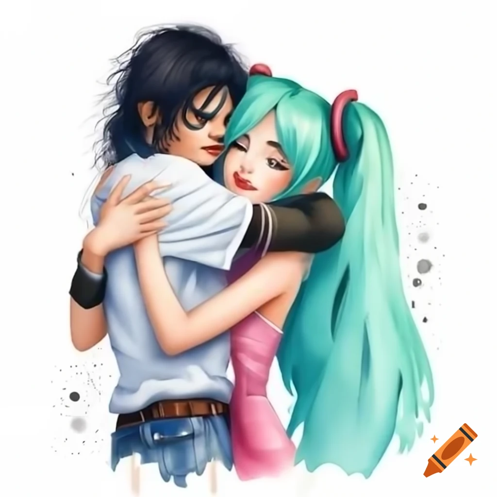 Michael Jackson and Hatsune Miku hugging each other on Craiyon