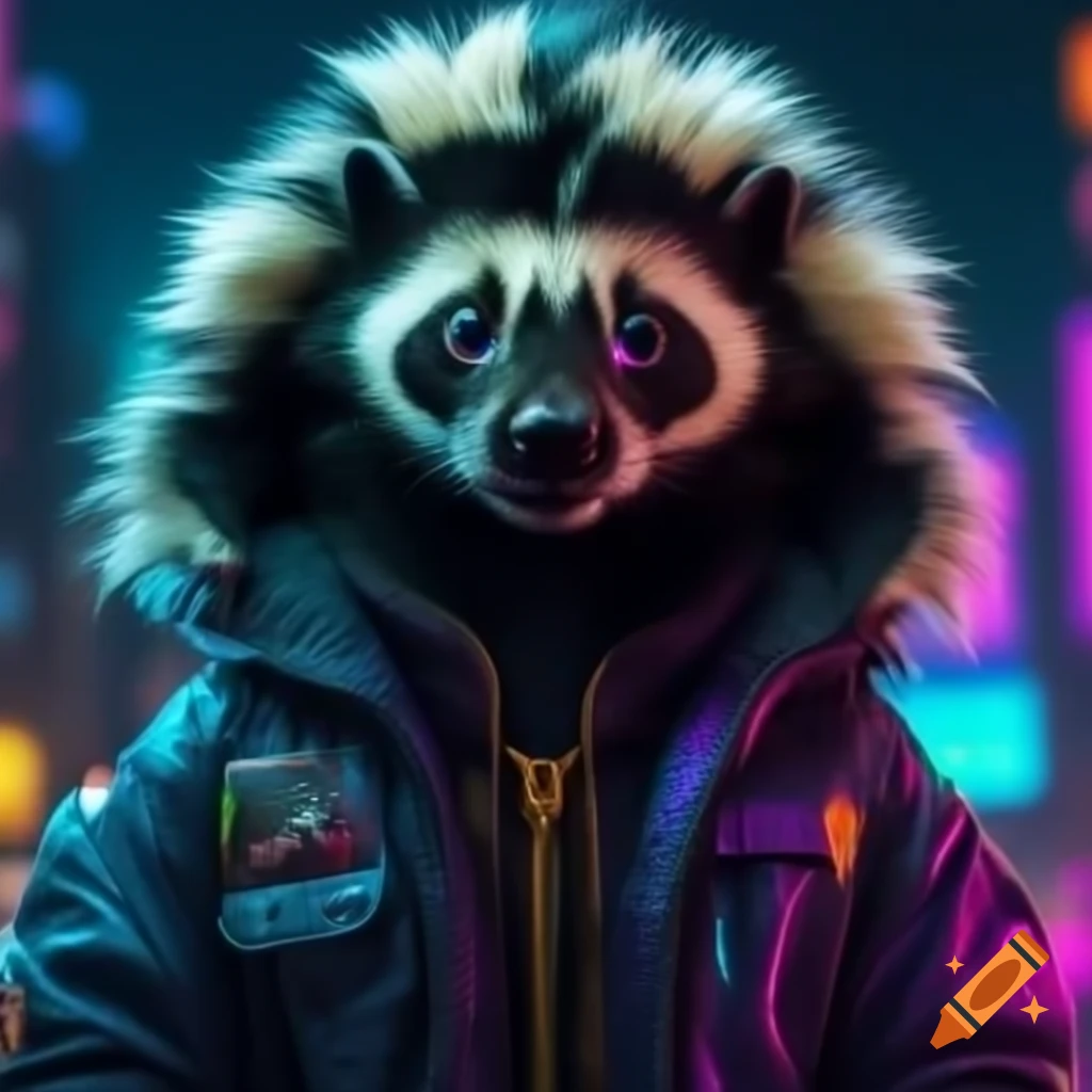 Close-up of hooded skunk in futuristic led jacket, neon dystopian ...