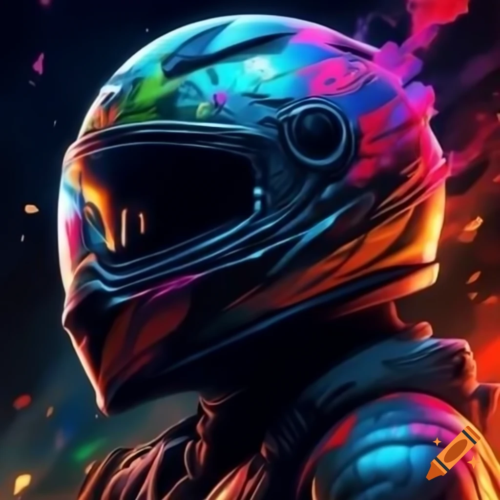 Colorful animated motorbike helmet in nightcore style with bright color ...