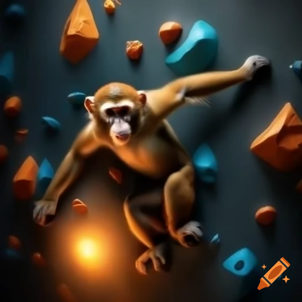 Space monkey climbing bouldering wall in rock climbing gym on Craiyon