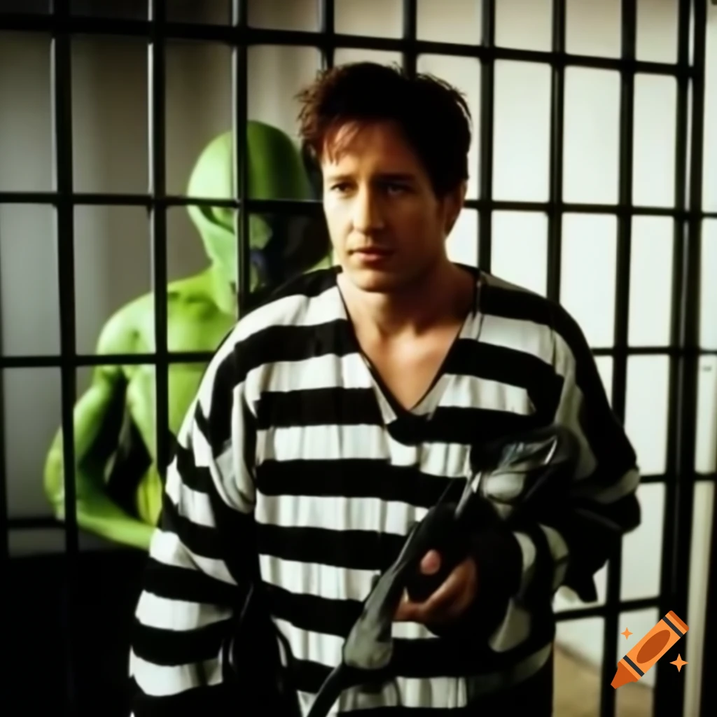 David duchovny in striped jumpsuit behind bars with green alien guard ...
