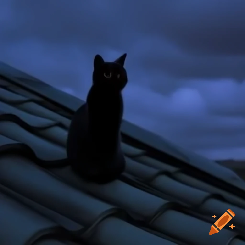 Black cat sitting on a roof with clouds during twilight on Craiyon