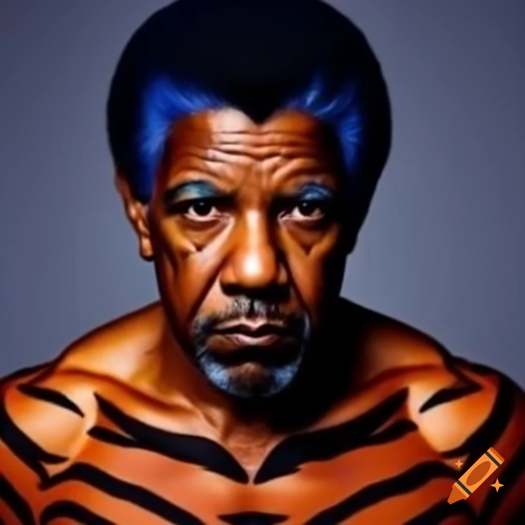 Muscular person with tiger-style makeup featuring blue hair and orange ...