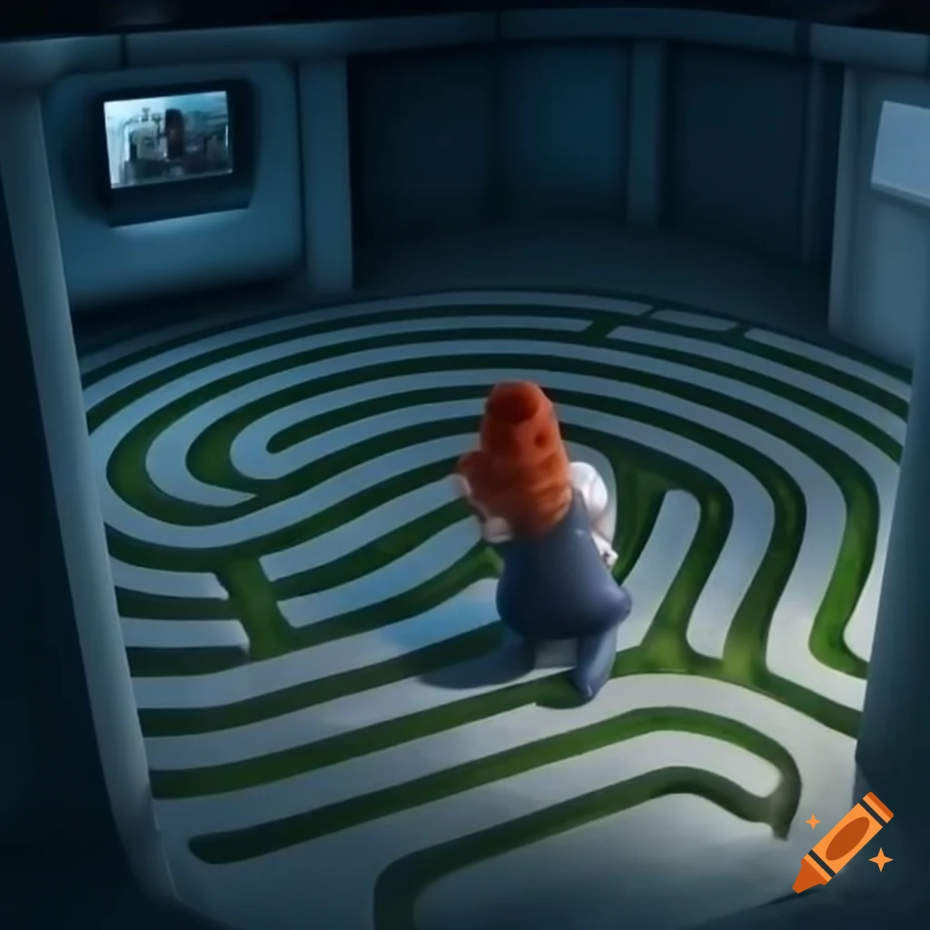 Girl with red hair exploring concrete basement labyrinth via security ...