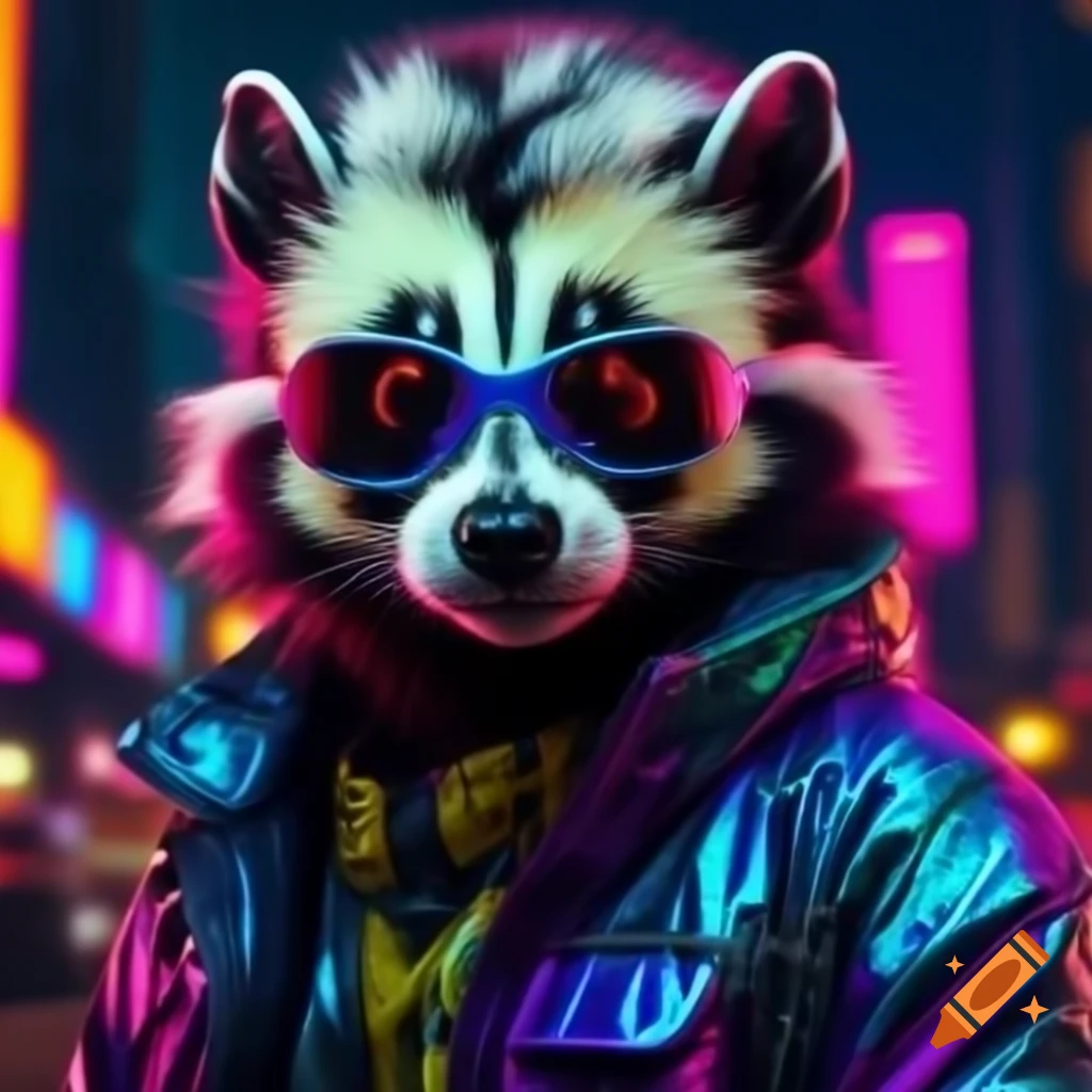 Spotted skunk in futuristic metallic jacket in neon dystopian city on ...