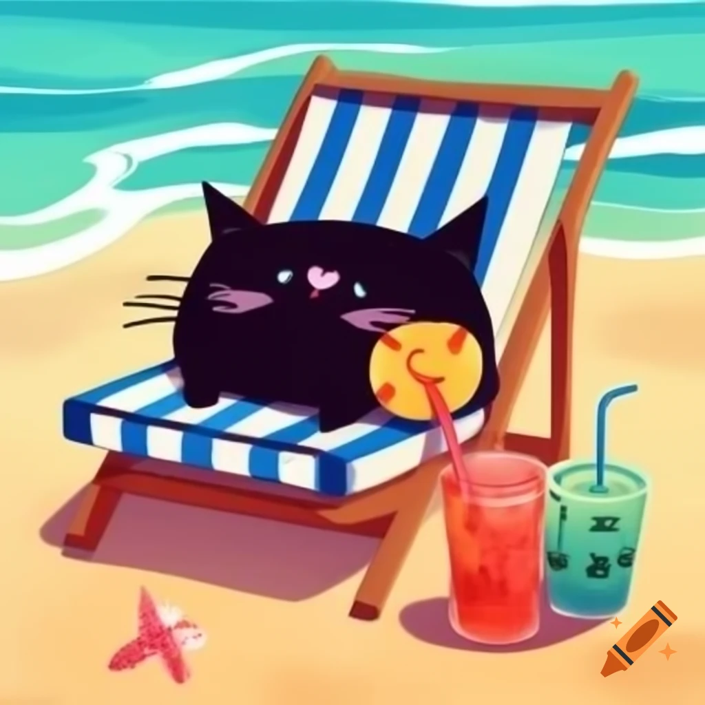 Cartoon black cat relaxing in beach chair with cocktail drink on Craiyon