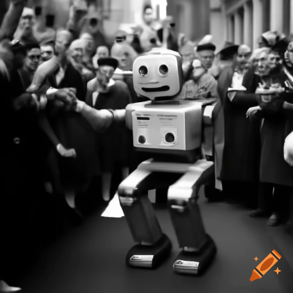 Robot dancing in a crowd in 1950s black and white movie style on Craiyon