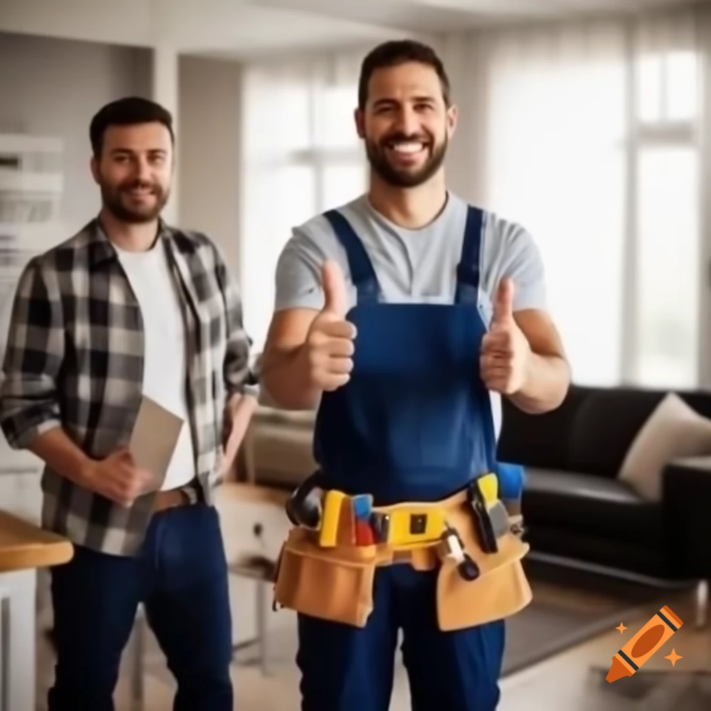 Satisfied client with handyman after home repair in modern living room ...