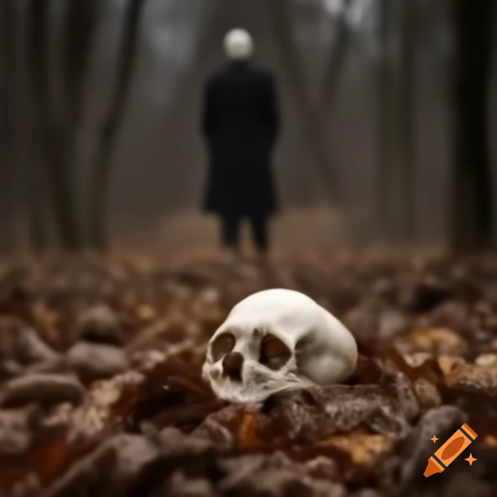 Human skull among fallen leaves in forgotten field on Craiyon