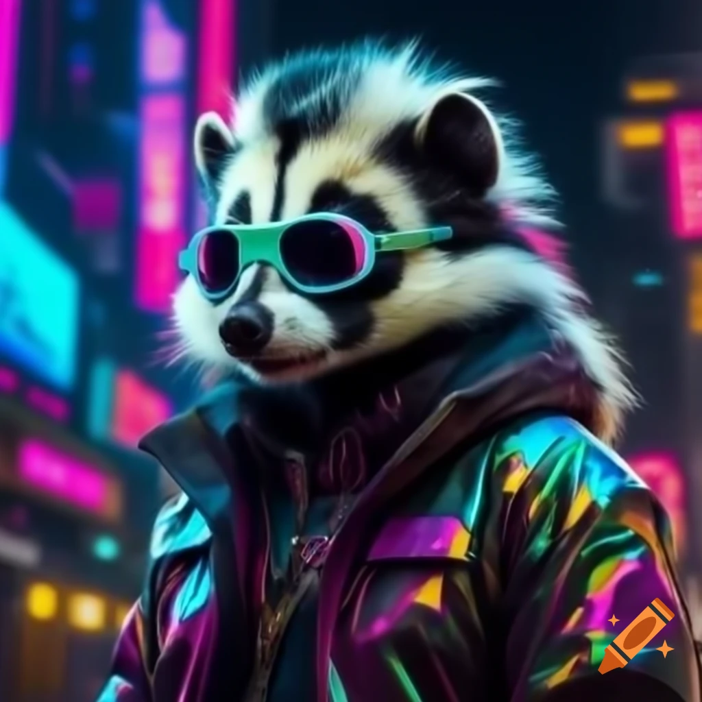Spotted skunk in futuristic metallic jacket in neon dystopian city on ...