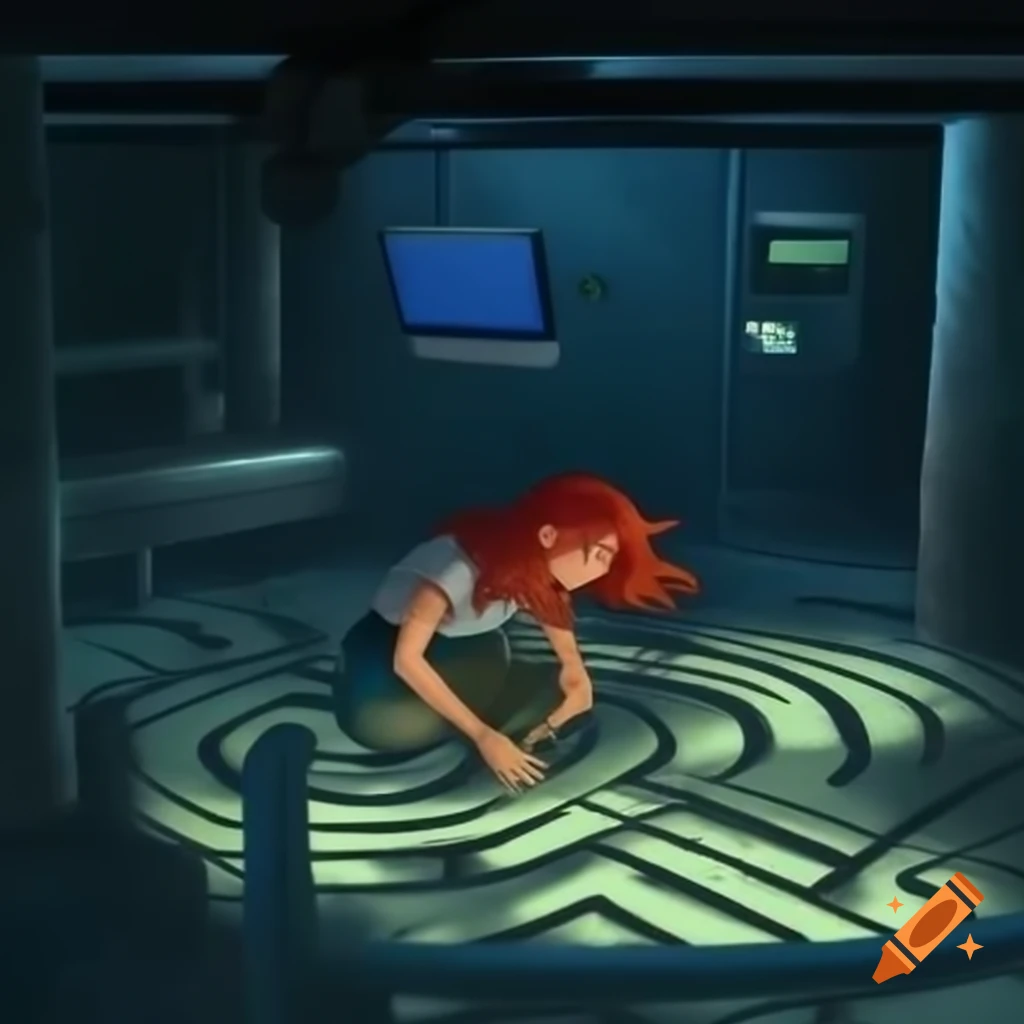 Red haired girl navigating concrete basement labyrinth seen through ...