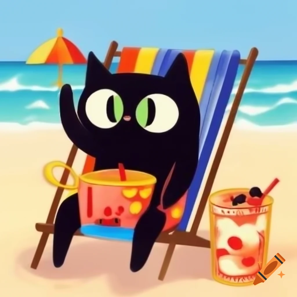 Cartoon art of black cat relaxing in beach chair on Craiyon