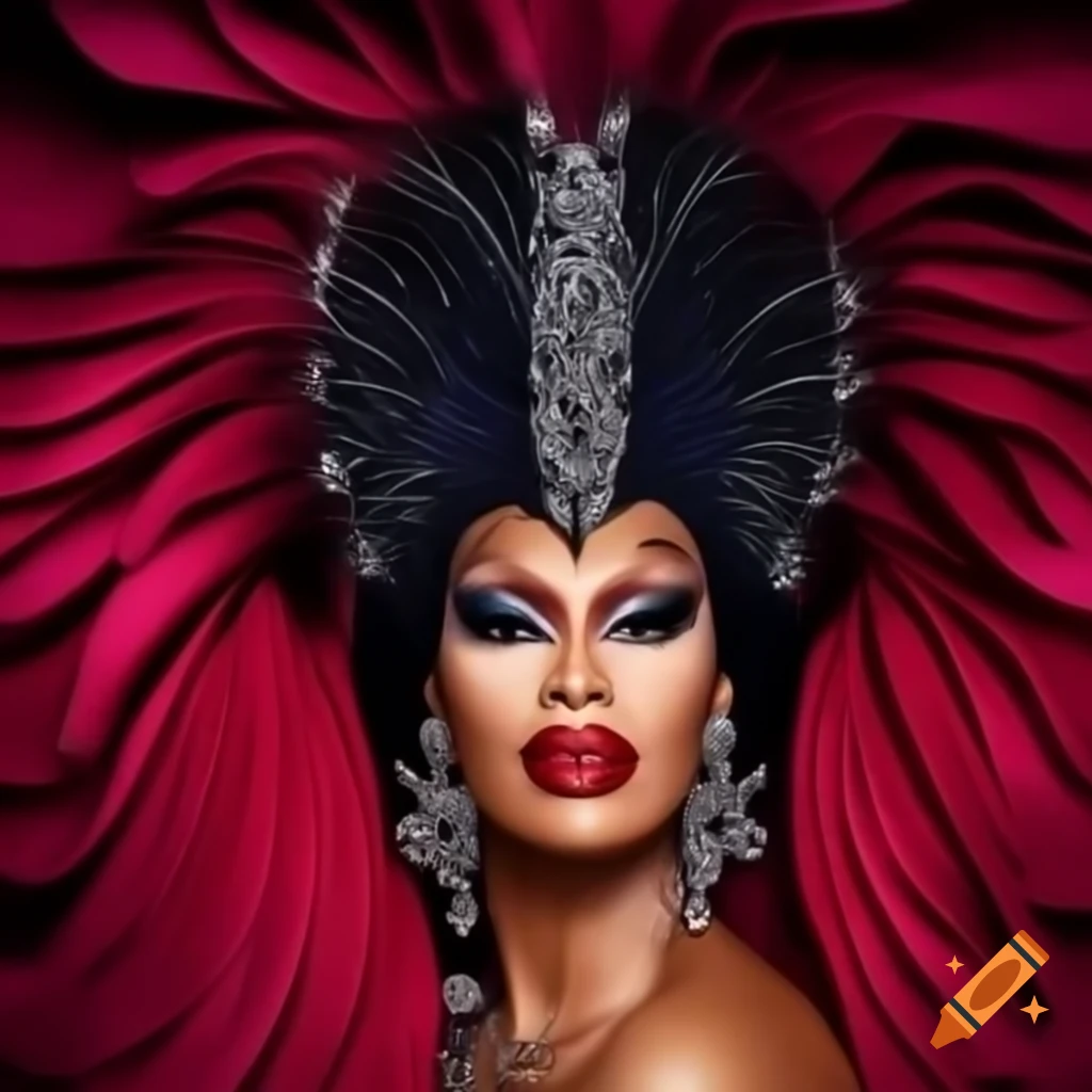 Extravagant drag queen look with sequins and feathers, high slit gown ...