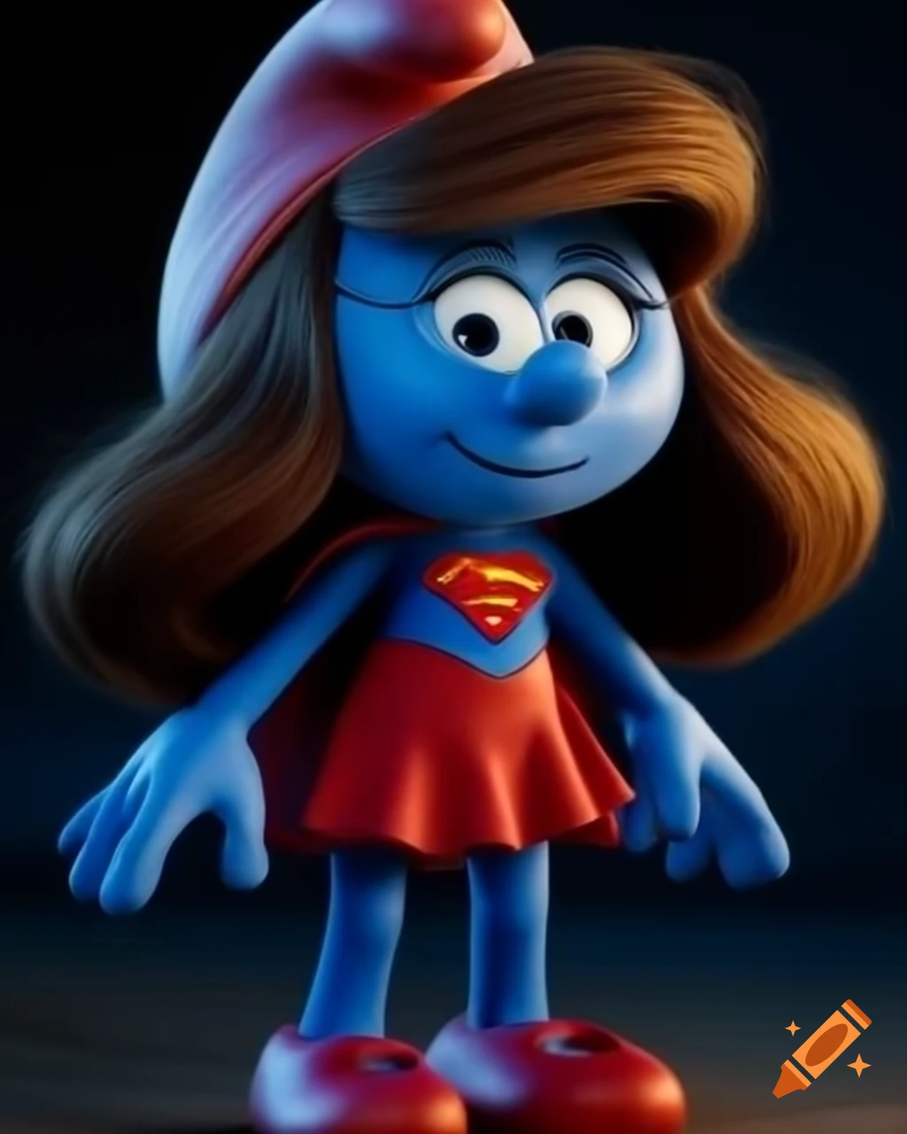 Smurfette with dark brown hair in supergirl dress striking hero pose on ...