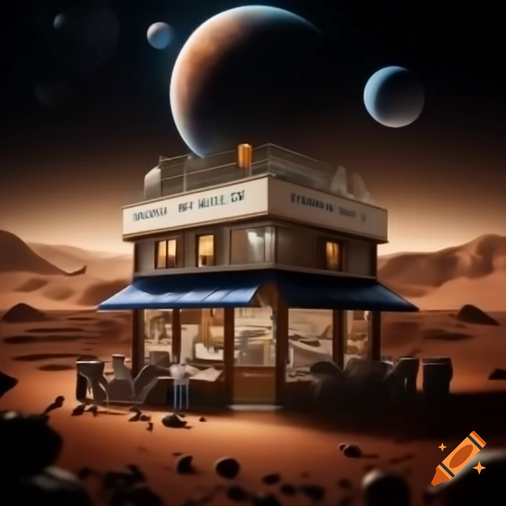 Photorealistic two-story coffee shop on Mars named "Mart Café" on Craiyon