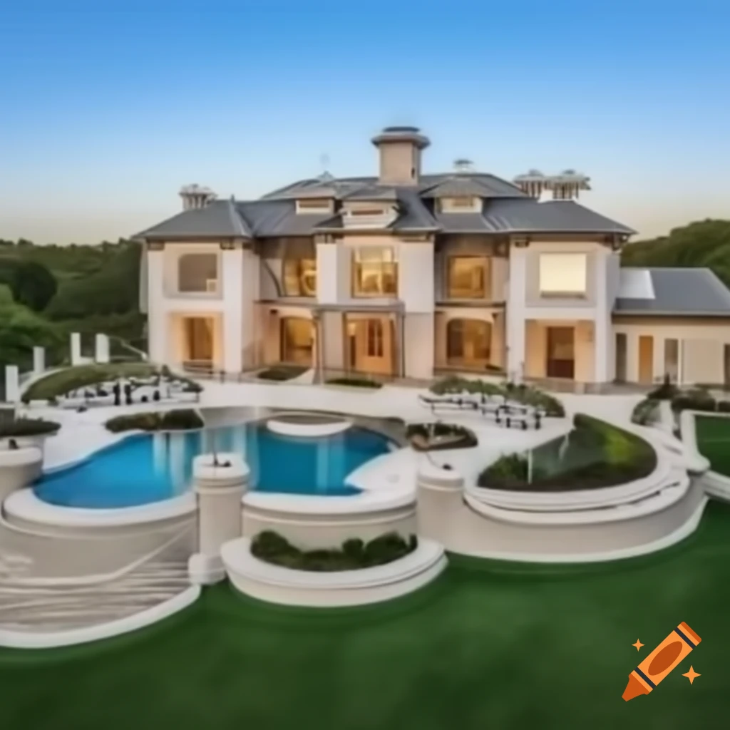 Romantic sunset view of a glamorous California mansion on Craiyon