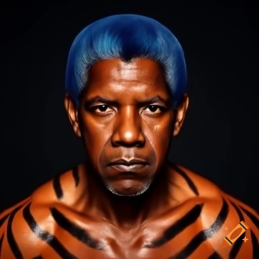 Muscular figure with tiger-style makeup featuring blue hair and orange ...