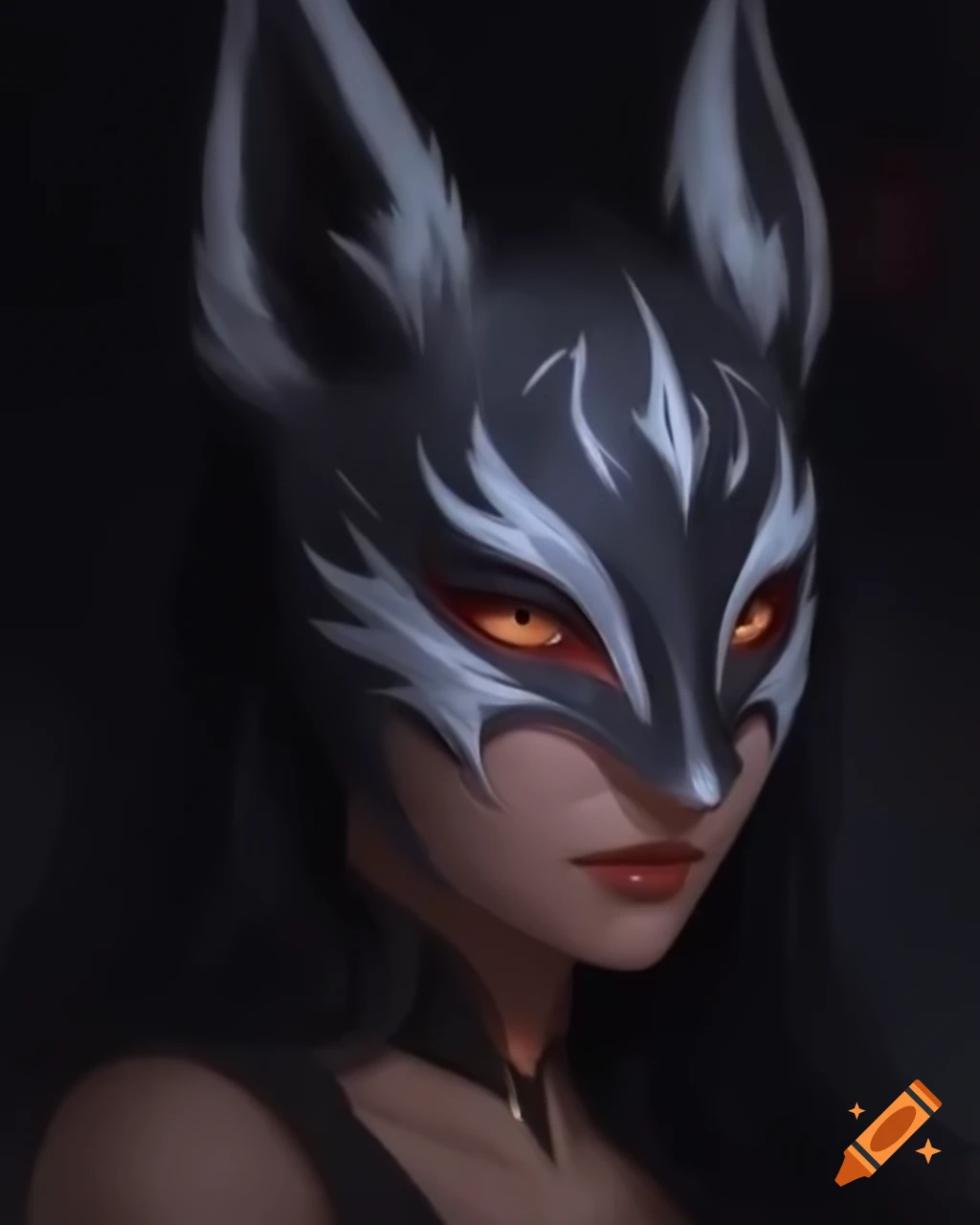 Asian woman in kitsune mask with dark fantasy theme on Craiyon