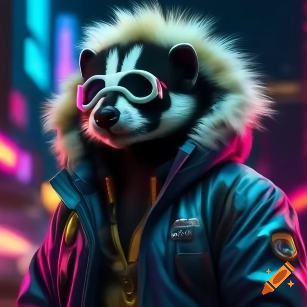 Close-up of hooded skunk in futuristic led jacket, neon dystopian ...