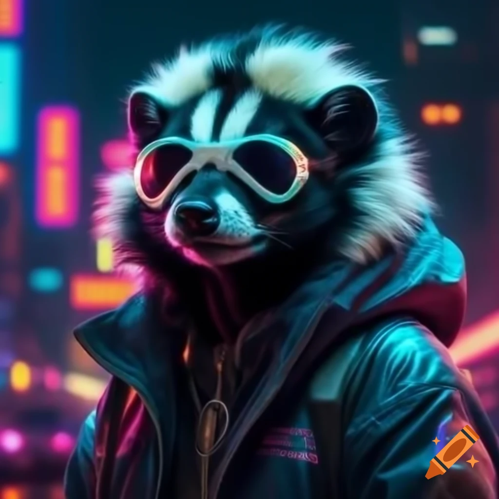 Hooded skunk in futuristic led jacket in neon dystopian setting on Craiyon
