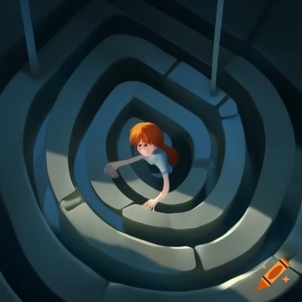 Red haired girl navigating concrete basement labyrinth seen through ...
