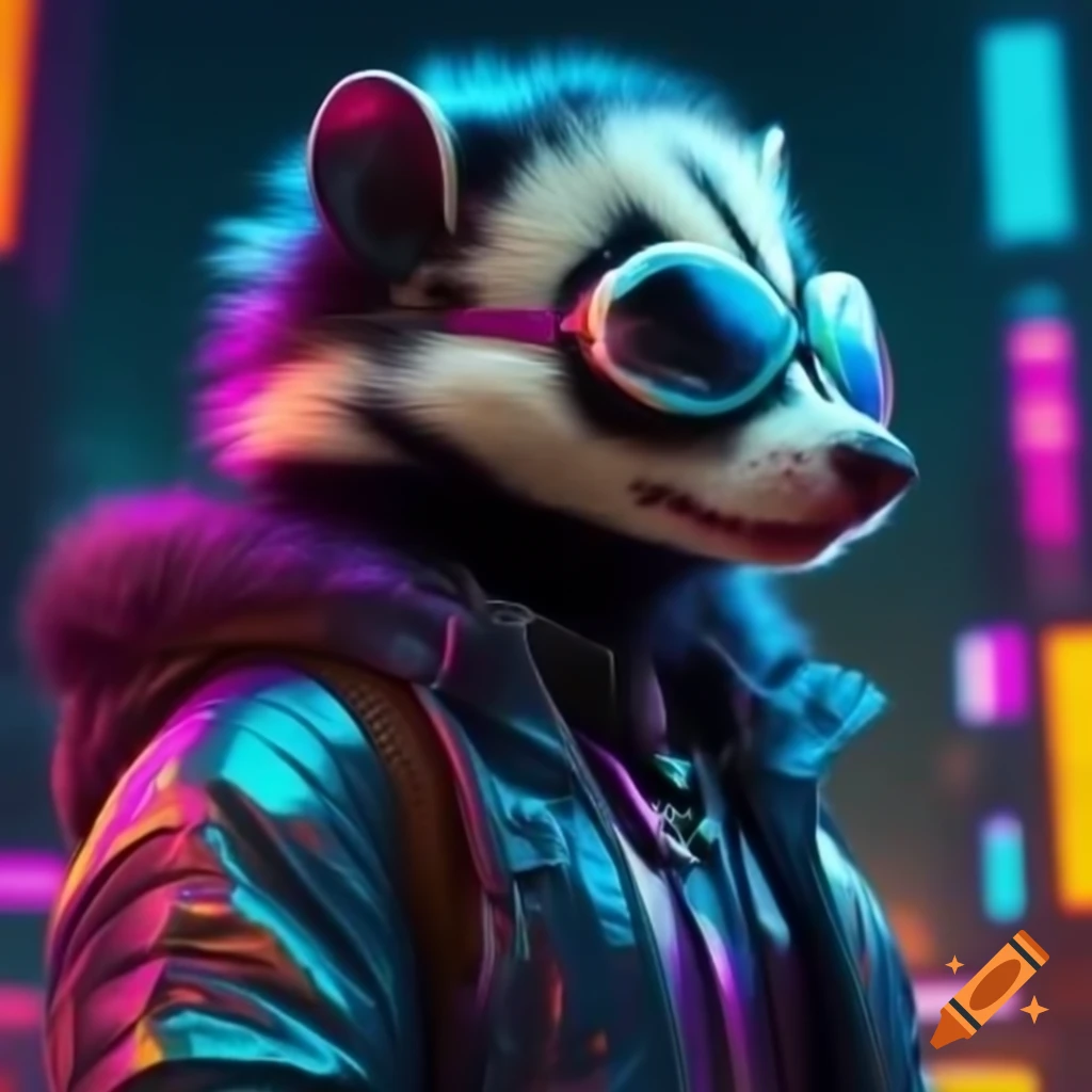 Spotted skunk in futuristic metallic jacket in neon dystopian city at ...
