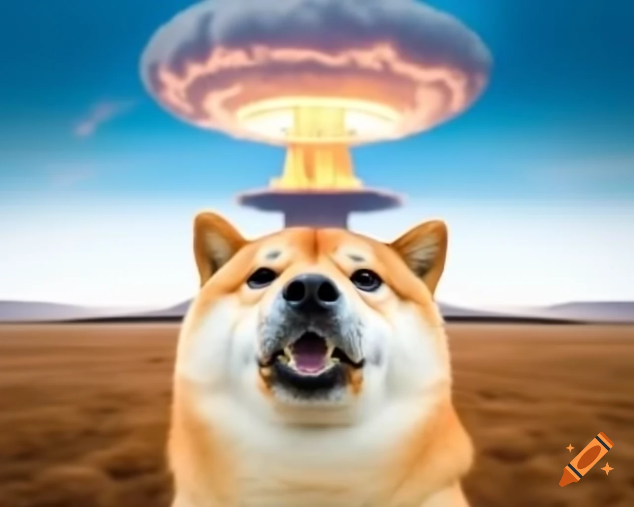 Happy doge in front of nuclear mushroom cloud on Craiyon