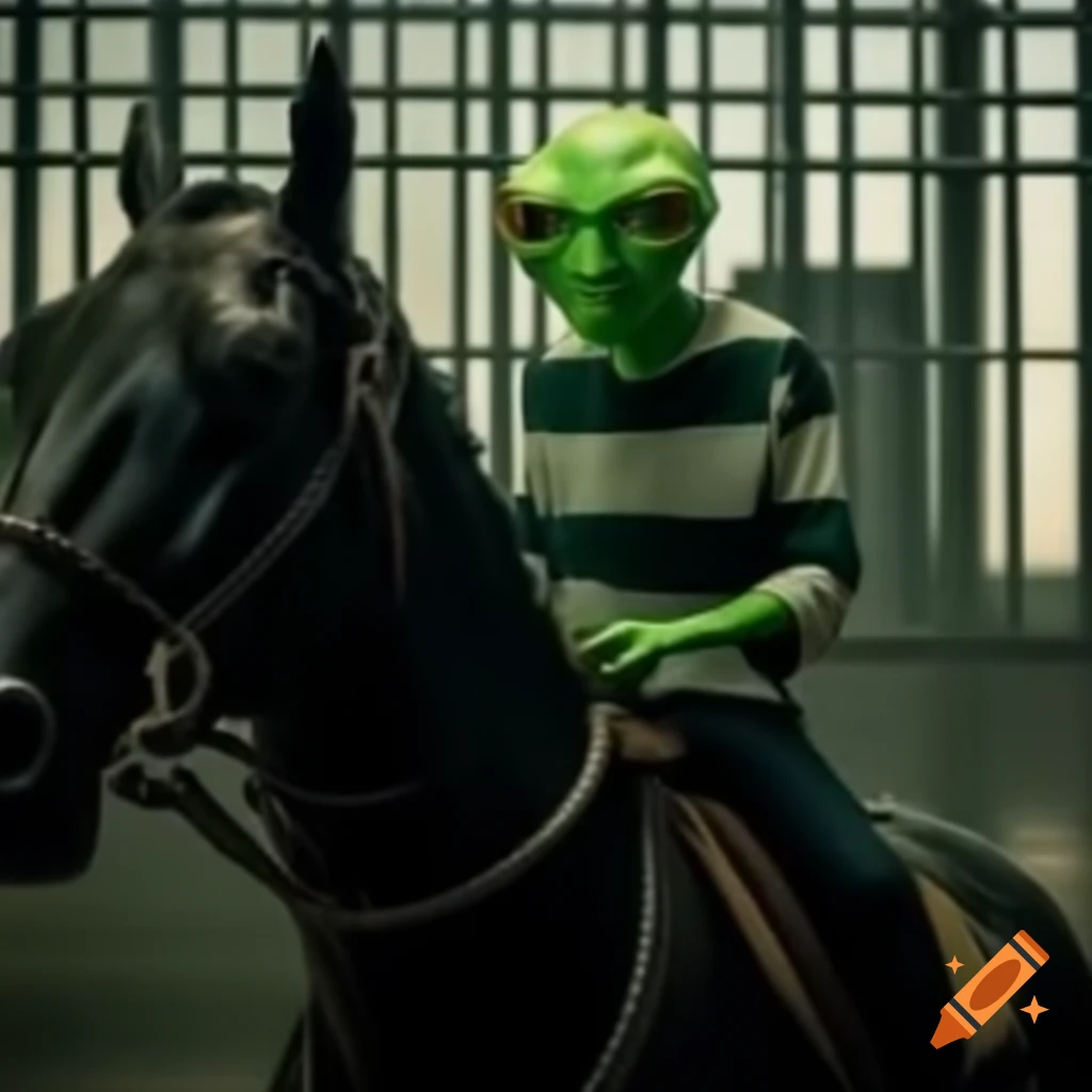 Green alien on black horse with David Duchovny in prison uniform, light ...