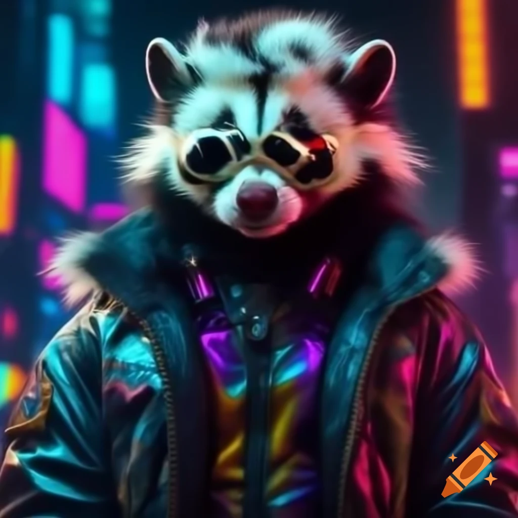 Spotted skunk in futuristic metallic jacket in neon dystopian city on ...