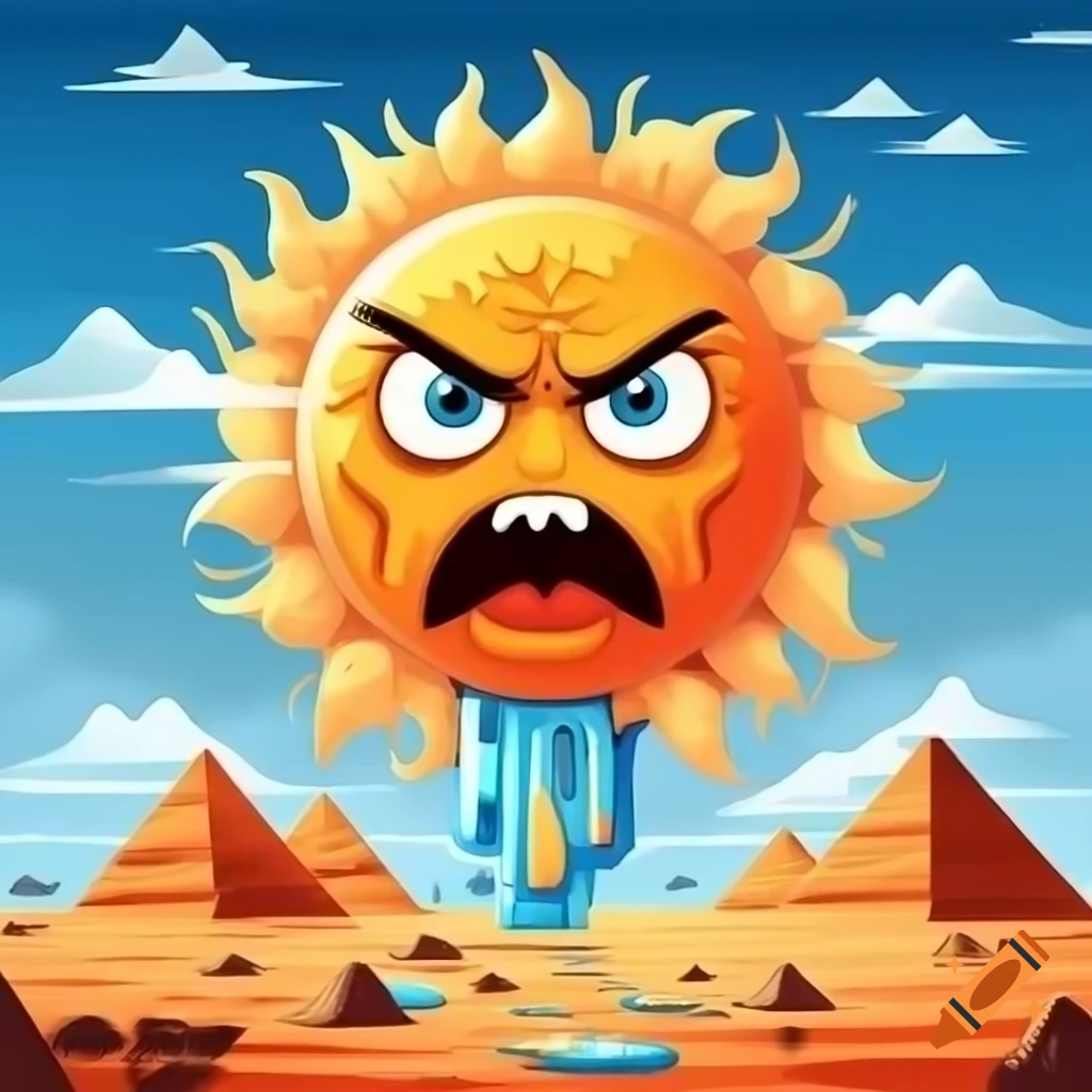 Angry sun over desert with pyramids, 2D art illustration on Craiyon