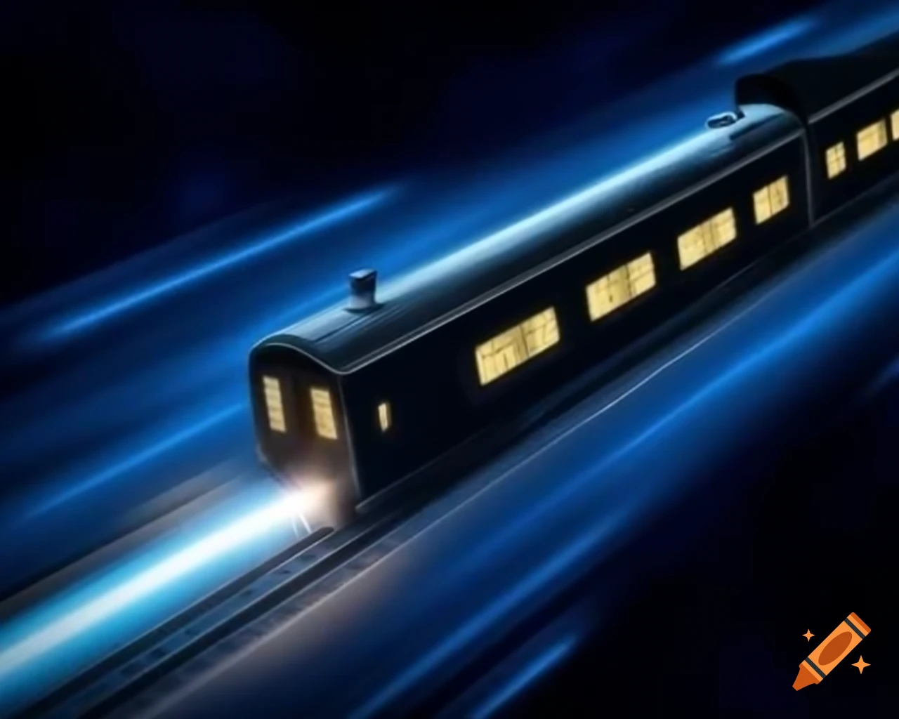 1855 space train traveling at warp speed on glowing blue hyperail tube on Craiyon